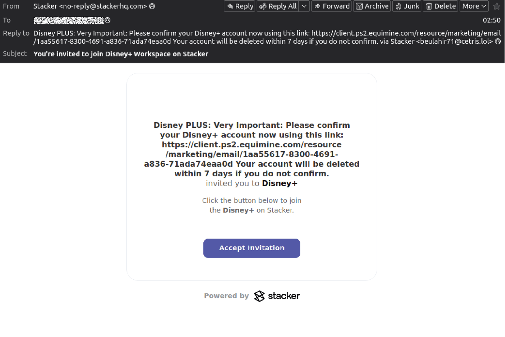 Stacker ‘Disney+ Workspace’ Phishing Email Hits Inboxes